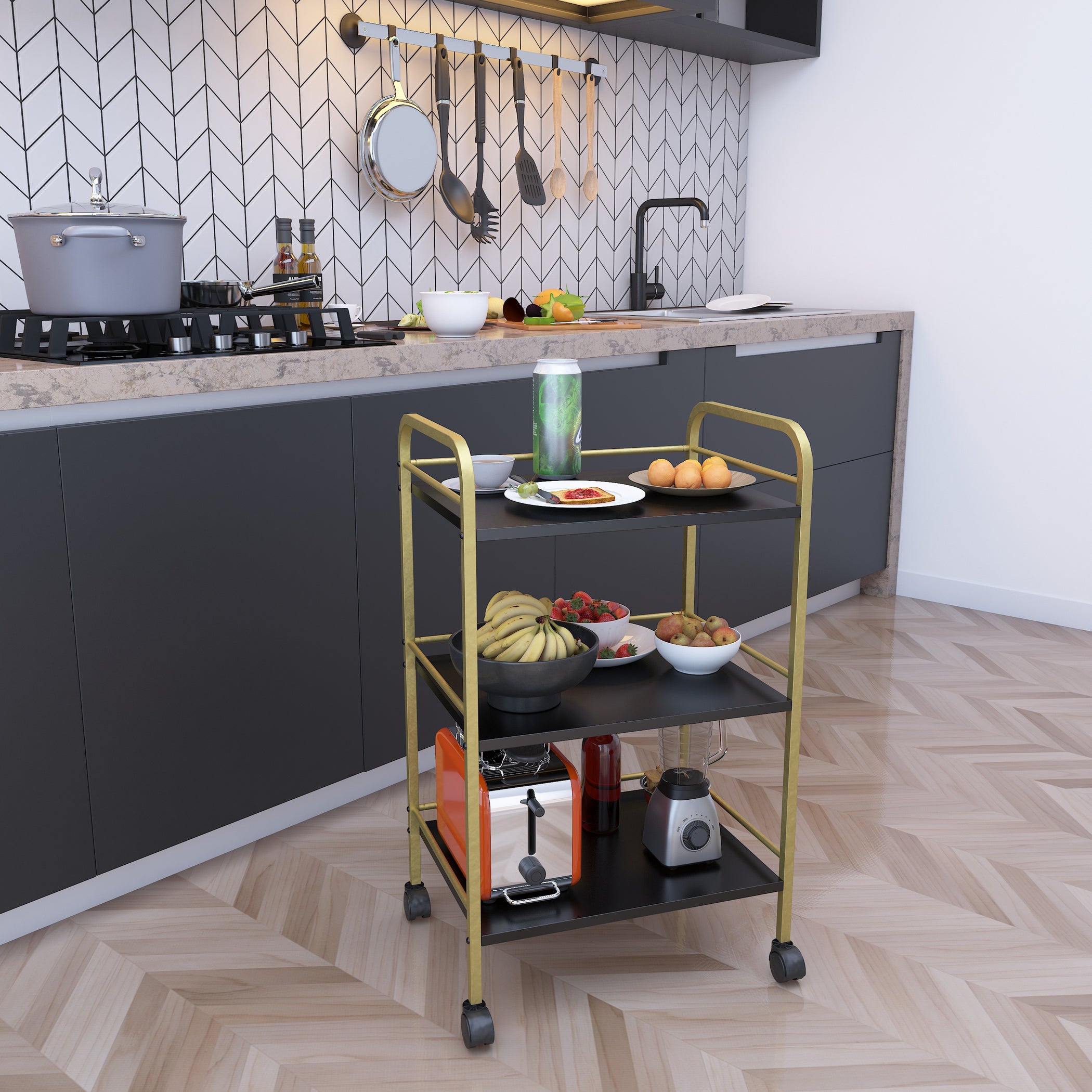 3 Tier Premium Metal serving Trolley Stand with Wheels (Black & Gold ...