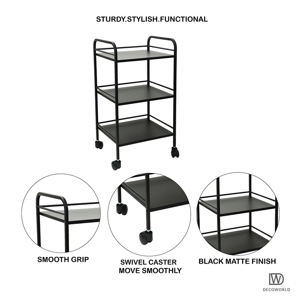3 Tier Metal Serving Trolley Cart Stand with Wheels (Black) | Decoworld ...