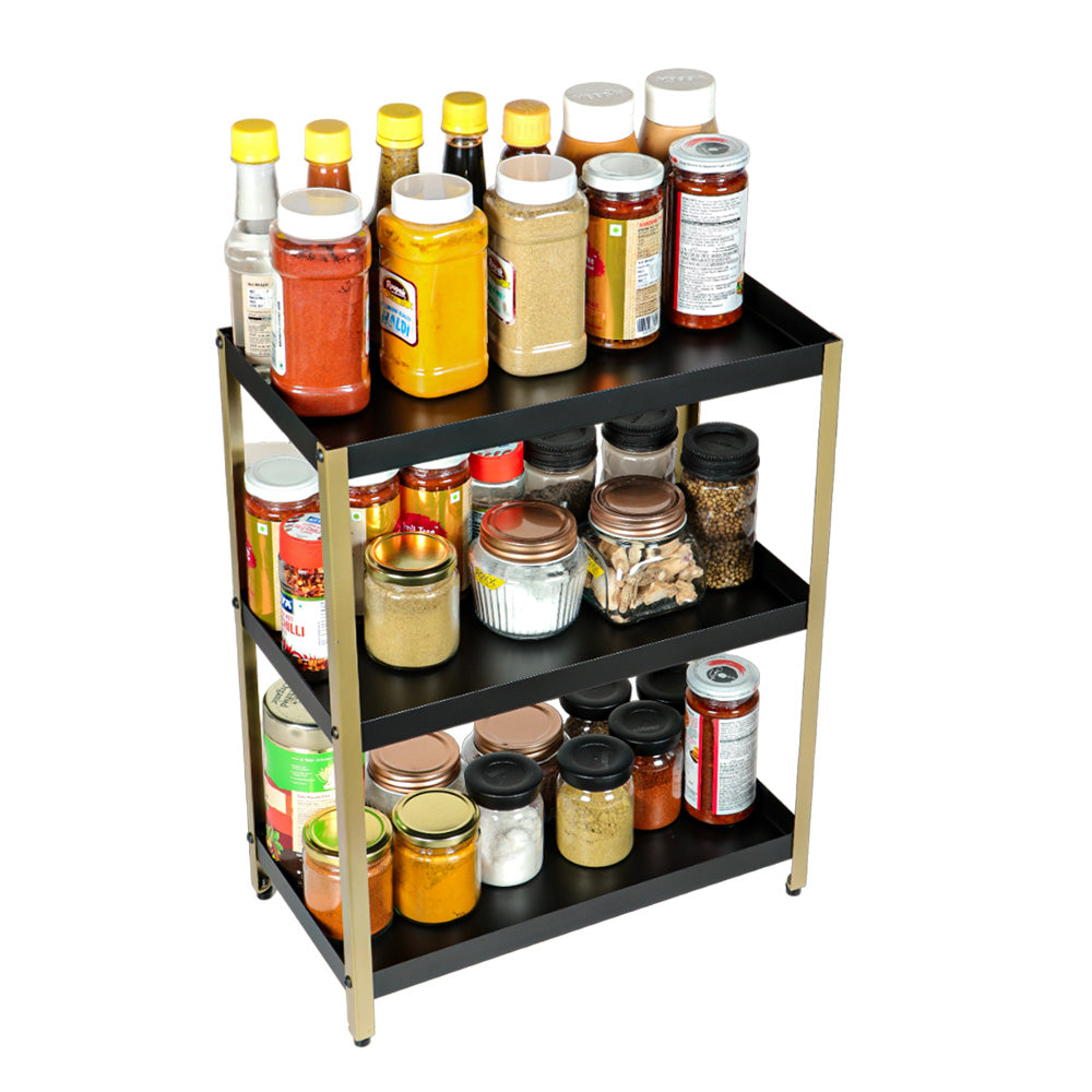 3 Tier Multipurpose Countertop Organizer Rack (Black & Golden) — DECOWORLD